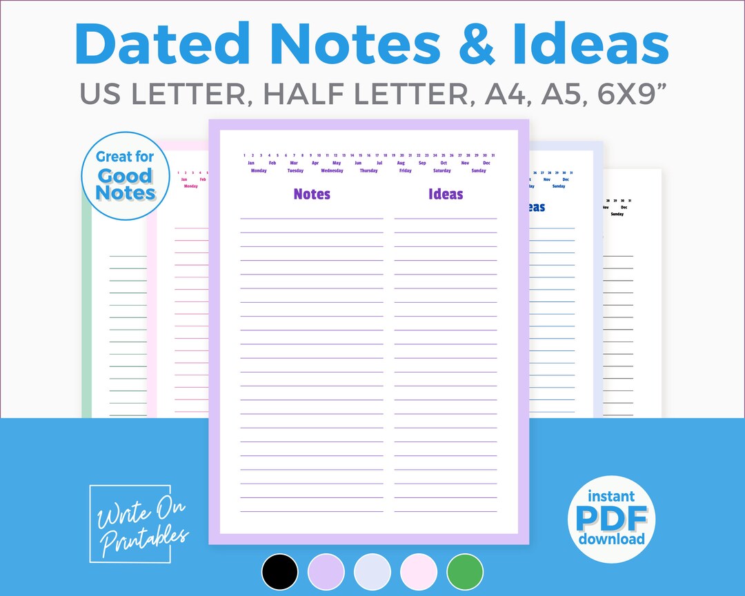 Minimalist Date Ready Notes and Ideas Pages 5 Colors 5 Sizes Printable ...