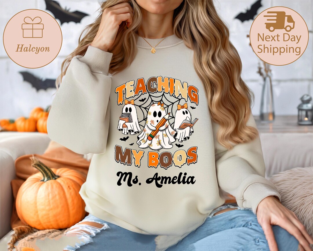 Custom Name Ghost Teacher Sweatshirt, Personalized Halloween Teacher ...