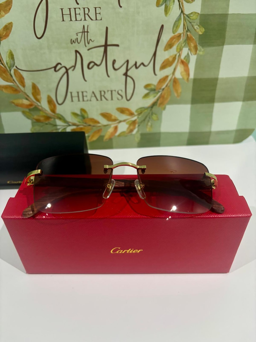Cartier Rimless Wooden Temple Sunglasses, Vintage Mod CT0012 Brown Lens ...