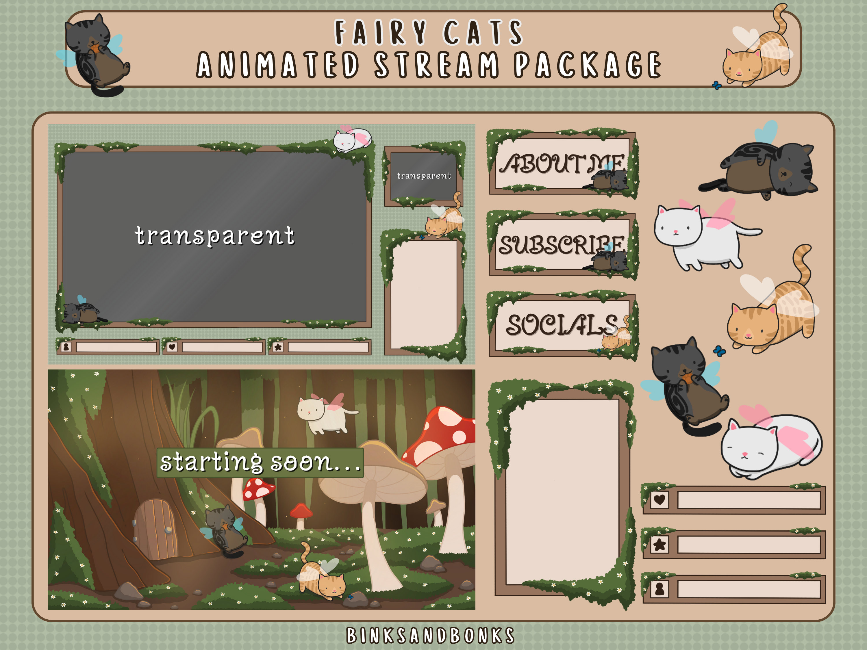 Fairy Cats Stream Package Animated Twitch Overlays Cottagecore Mushroom ...