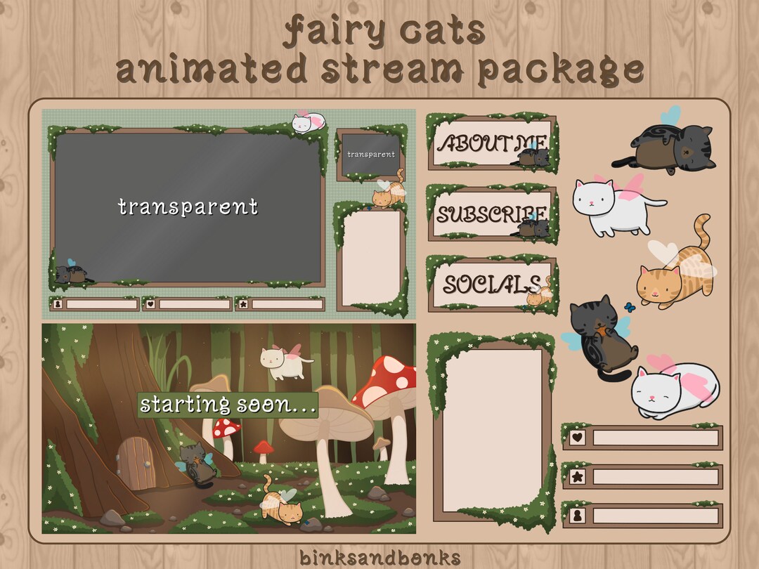 Fairy Cats Stream Package Animated Twitch Overlays Cottagecore Mushroom ...