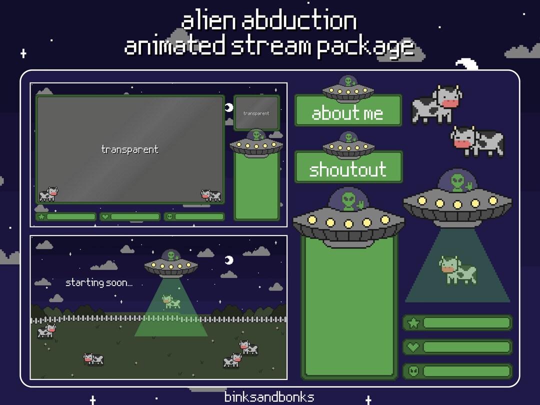Alien Abduction Stream Package Pixel Art Twitch Overlay UFO Alien Cow ...