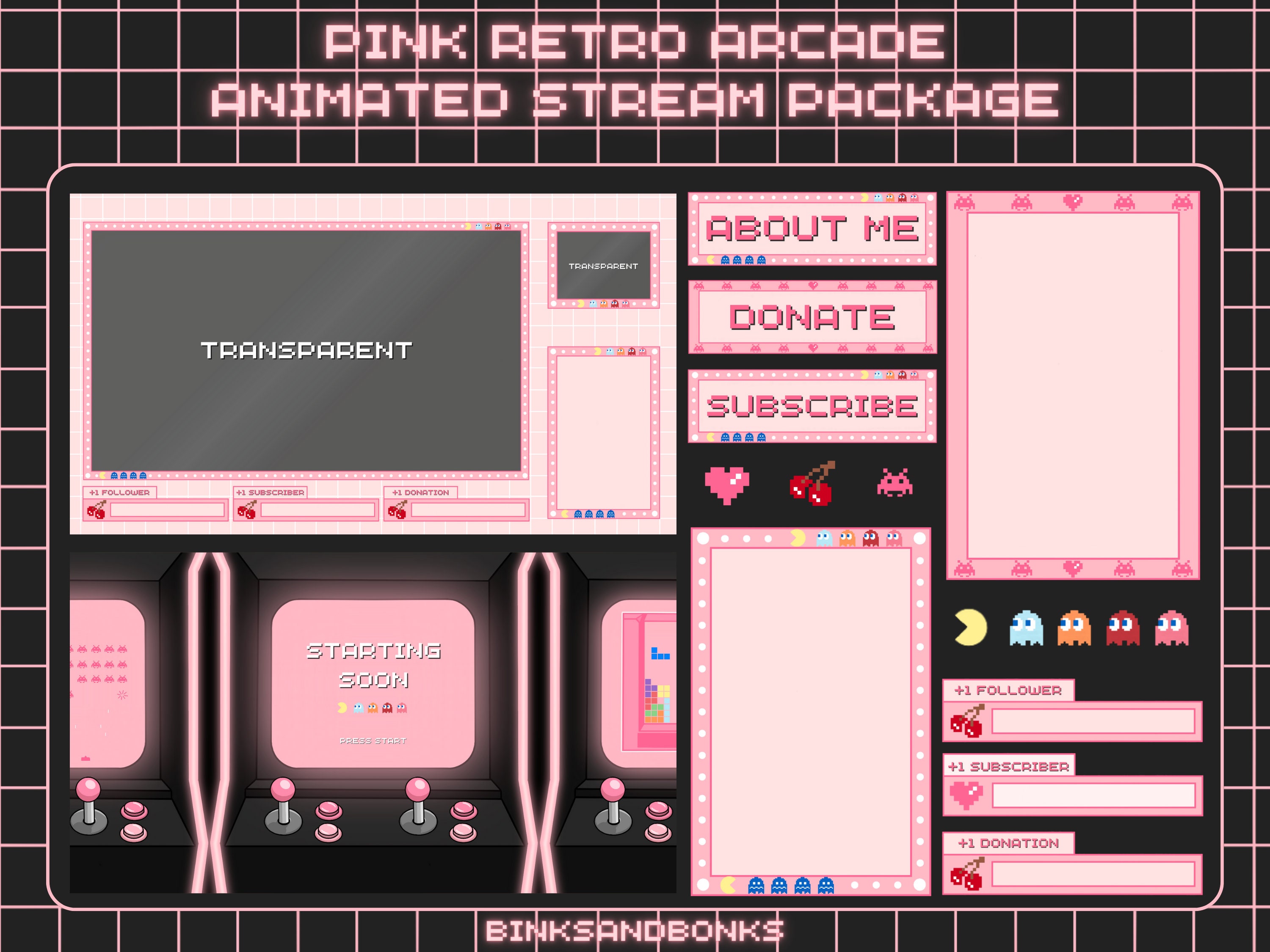 Pink Retro Arcade Stream Package Animated Twitch Overlays Girly Cute ...