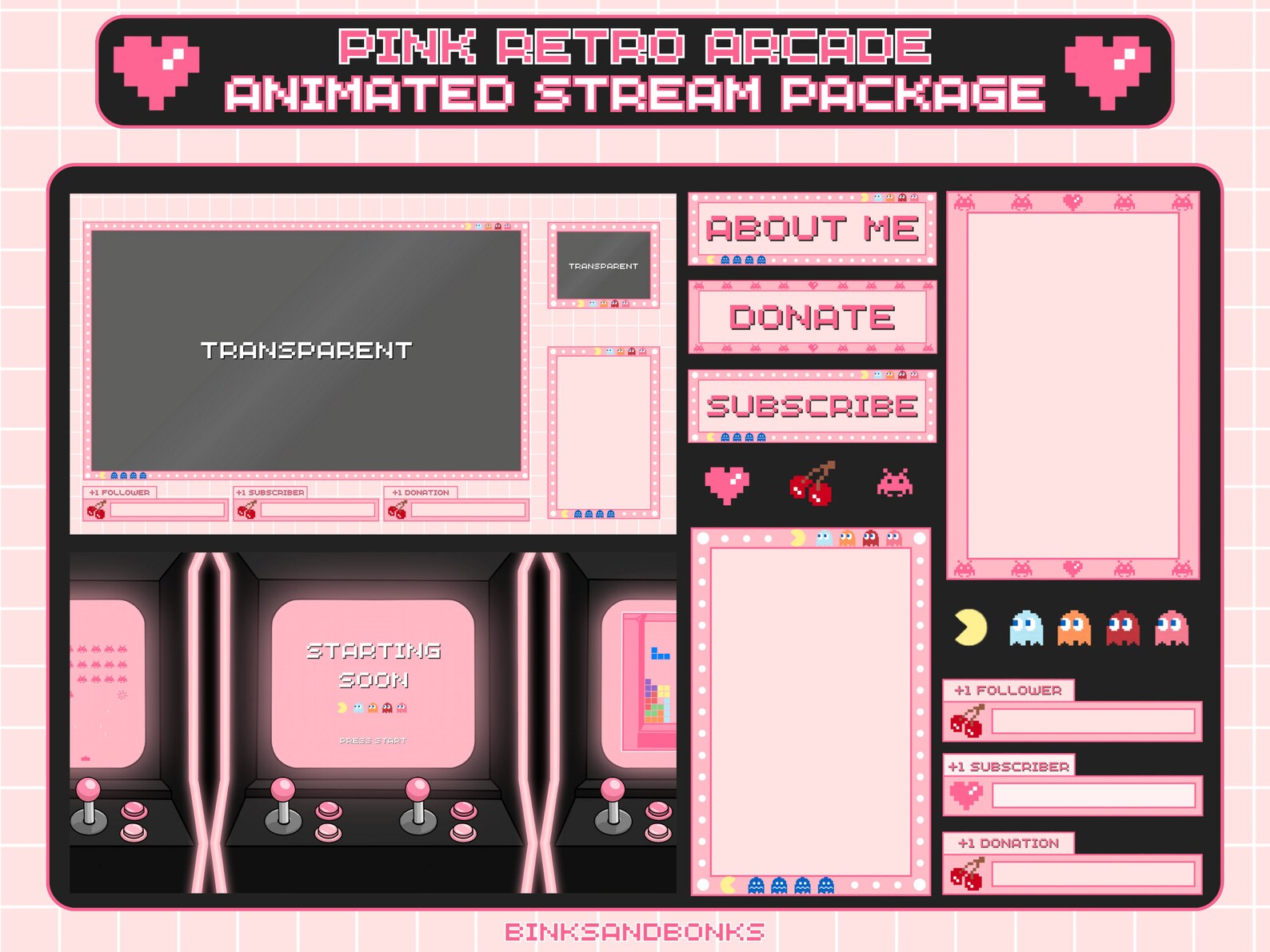 Pink Retro Arcade Stream Package | Animated Twitch Overlays | Girly ...