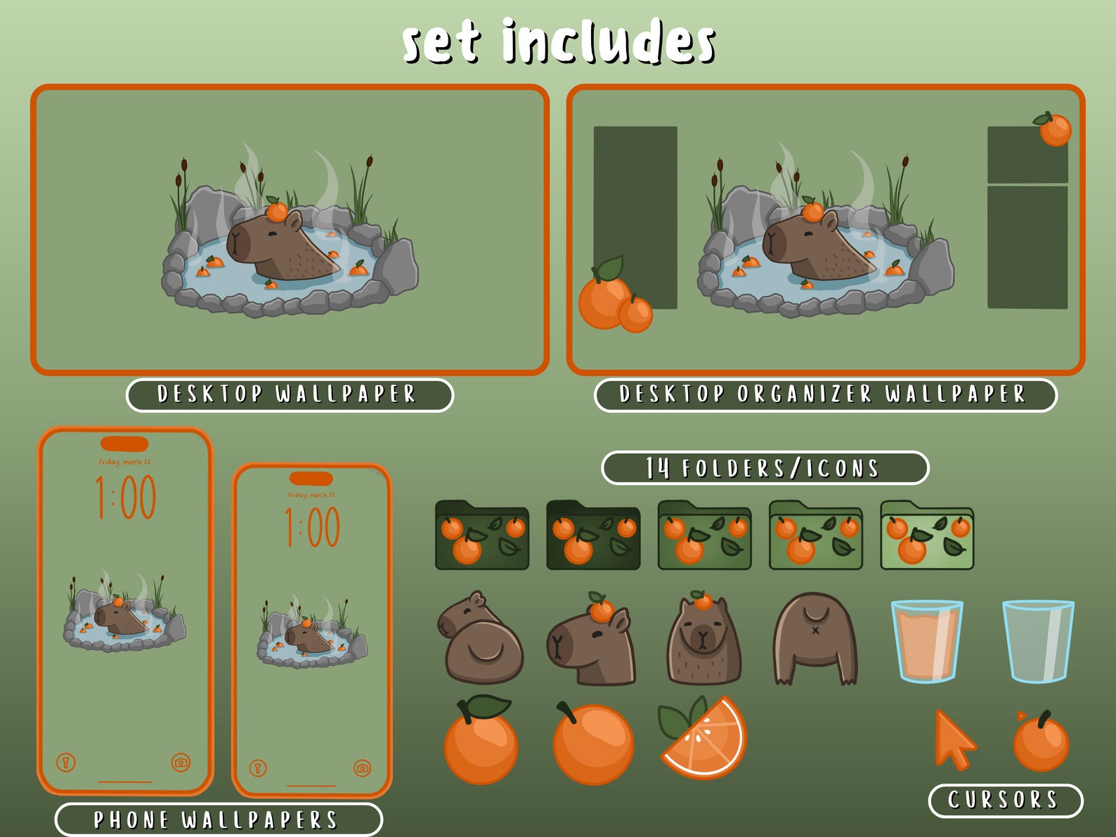 Orange Capybara Desktop Wallpaper Organizer Set | Wallpaper Backgrounds ...