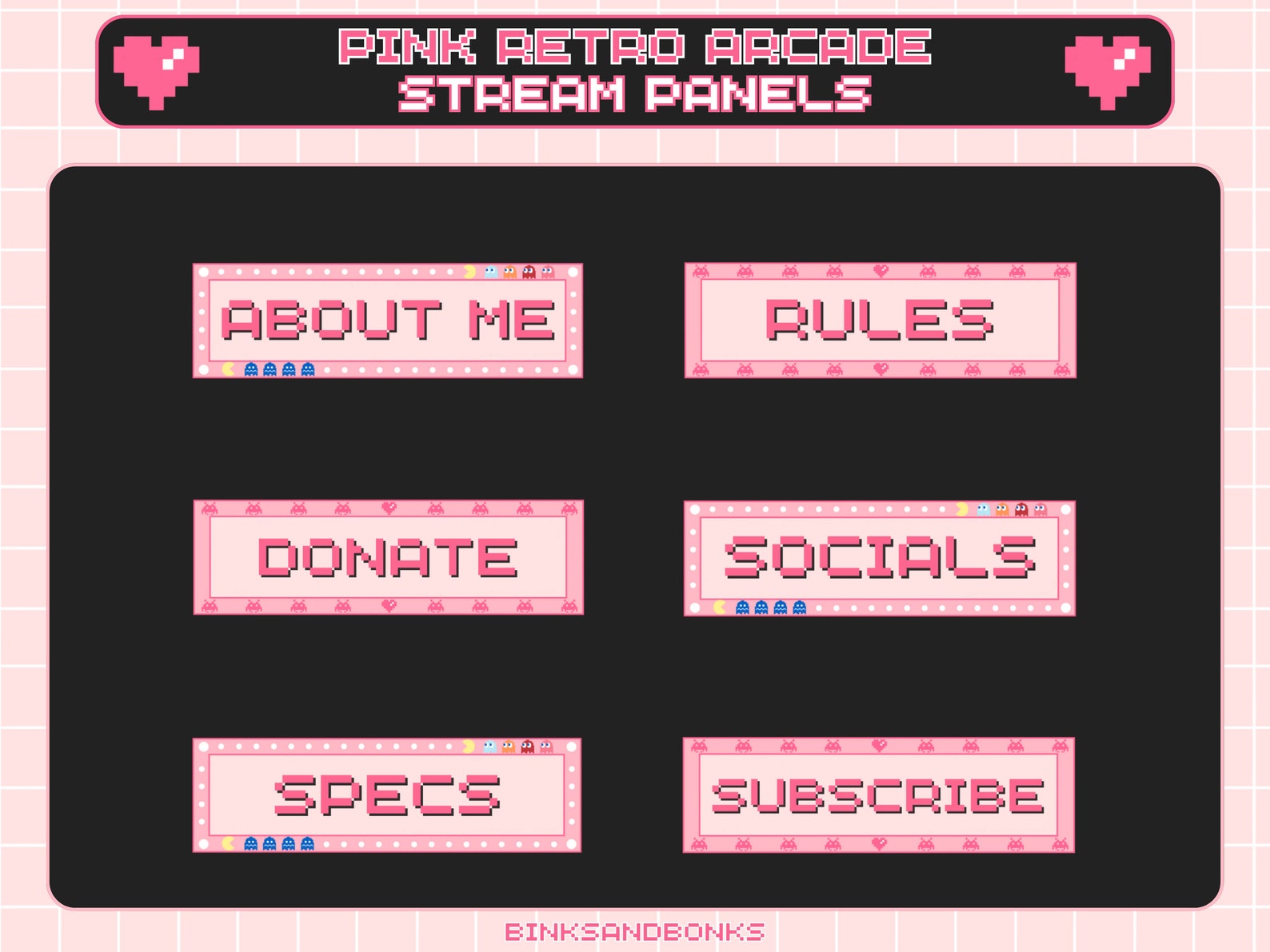 76 Pink Retro Arcade Stream Panels | Graphics for Twitch, Youtube, Kick ...