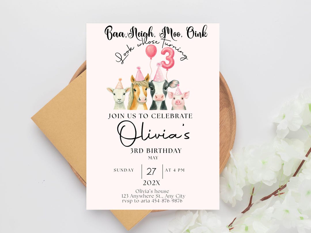 Farm Birthday Invitation for 3 Year Old, Fun Editable Invite for 3rd ...