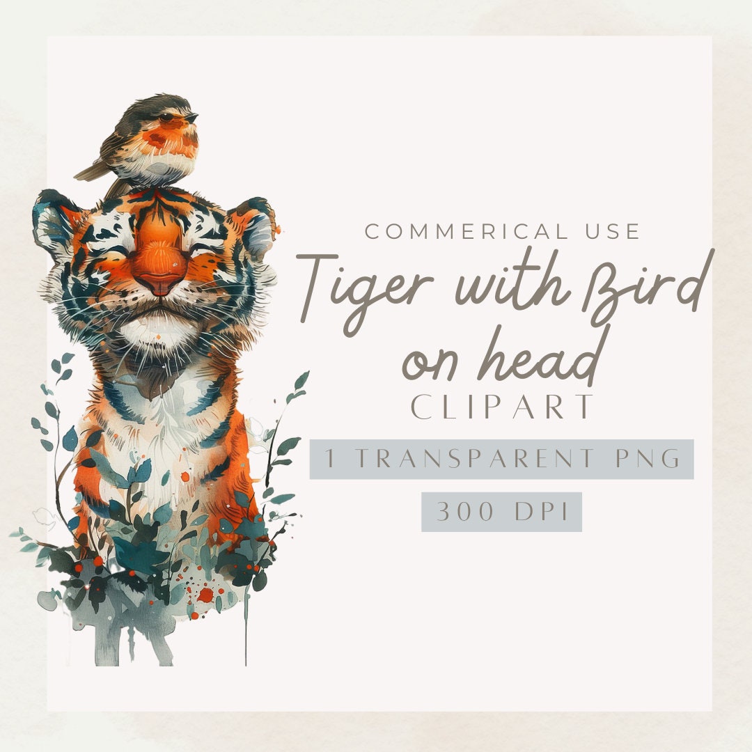 Tiger With Bird on Head, Transparent Png Clip Art, Hand Draw, Animated ...