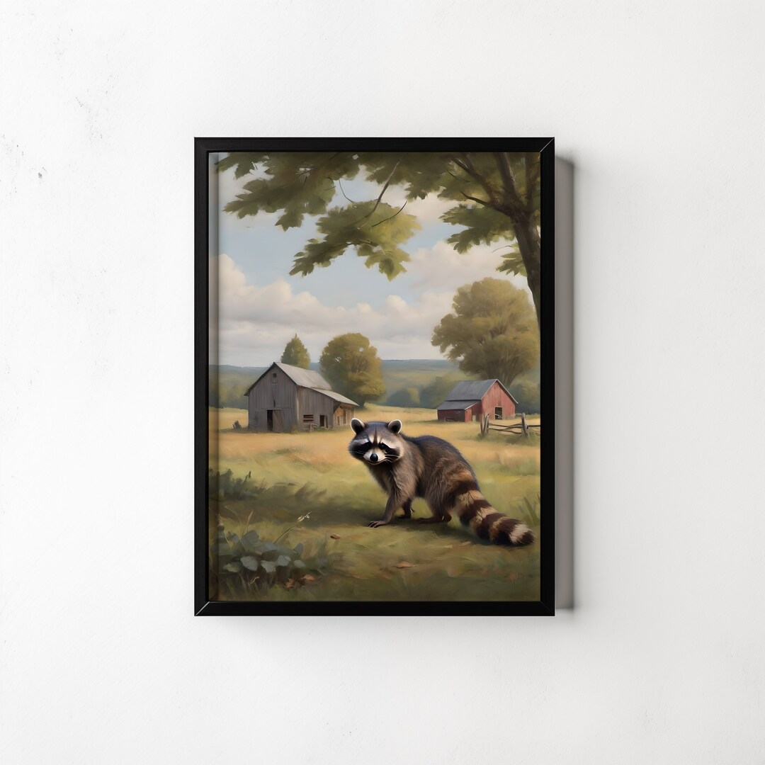 Raccoon in Rural Landscape Printable Digital Download, Sleepy Raccoon ...