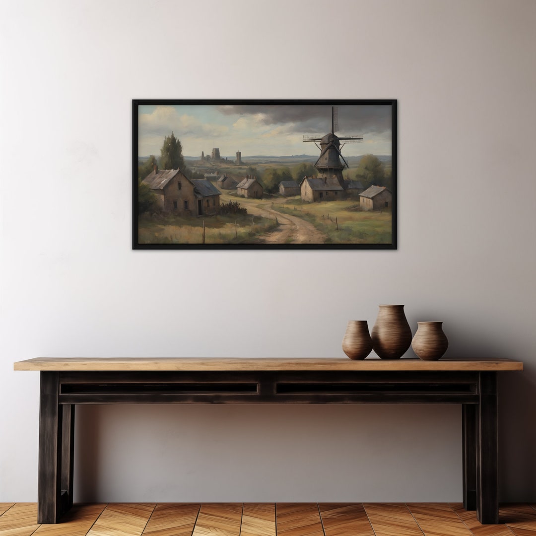 Haunting Windmill TV Frame Landscape, Abandoned Cityscape Digital ...