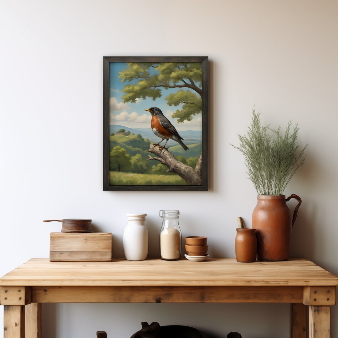 American Robin in Spring Printable Oil Painting, Oak Tree Perch Digital ...