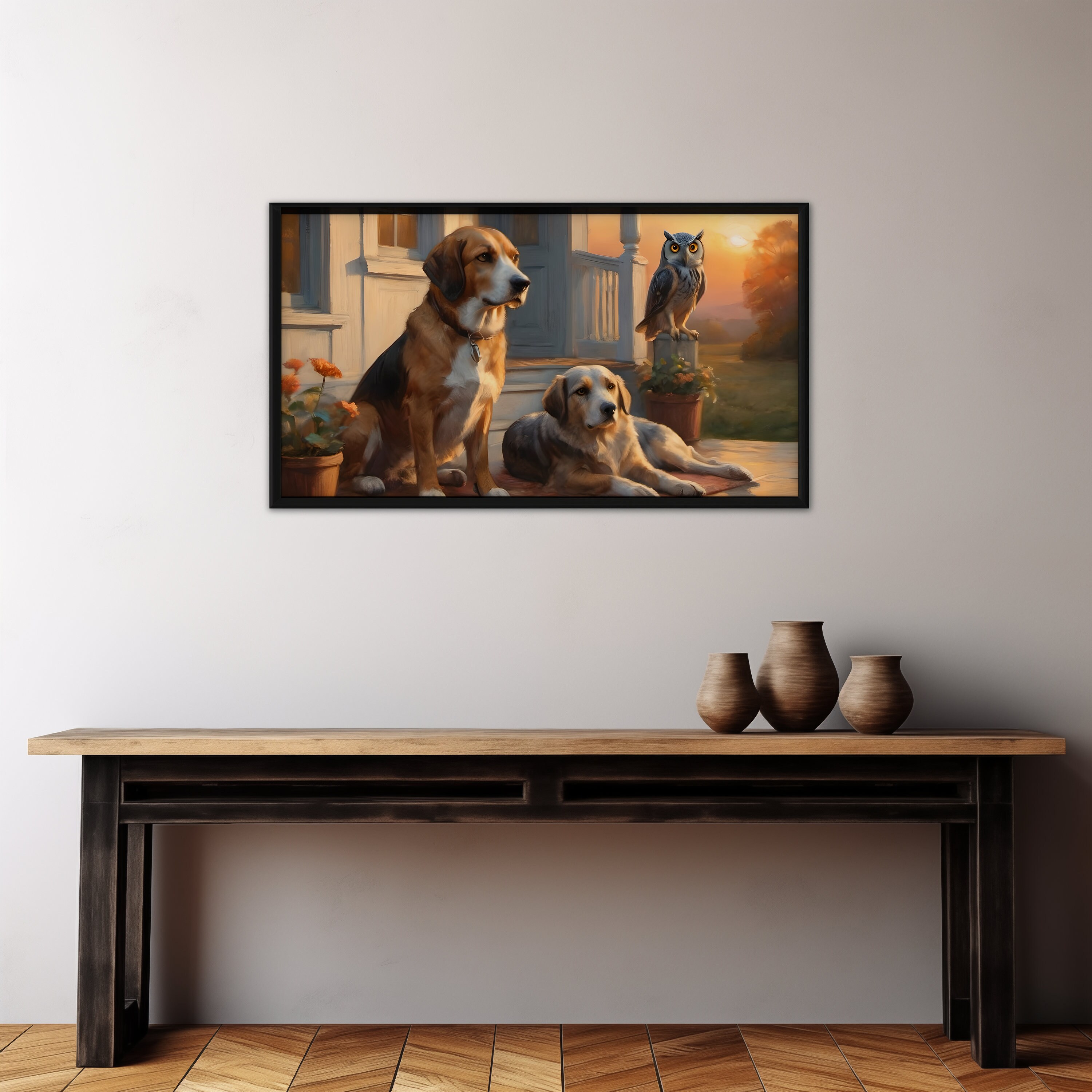 Rustic Scene Digital Download Printable, Hound and Owl Oil Painting ...