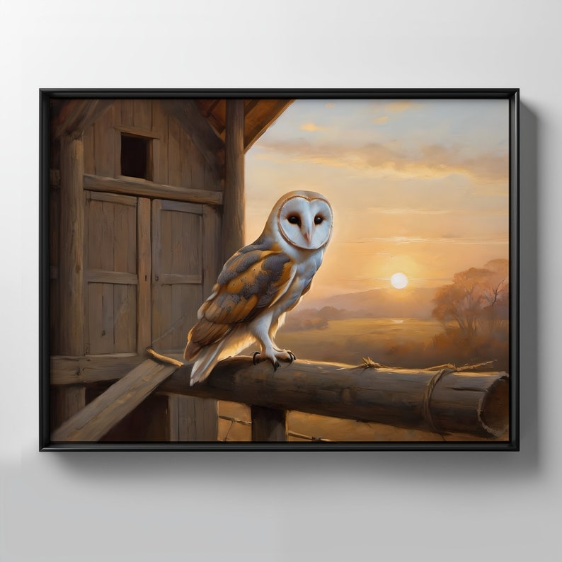 Barn Owl Sunset Oil Painting Printable, Silhouette of a Barn Owl ...