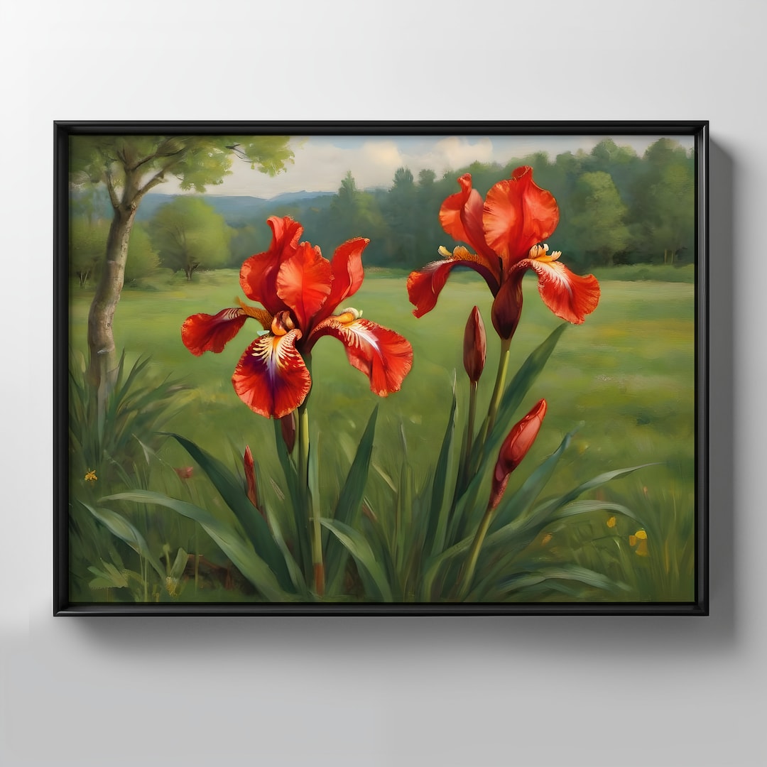 Scarlet Iris Bloom Digital Download Printable, Spring Scene TV Frame Landscape Oil Painting - Etsy