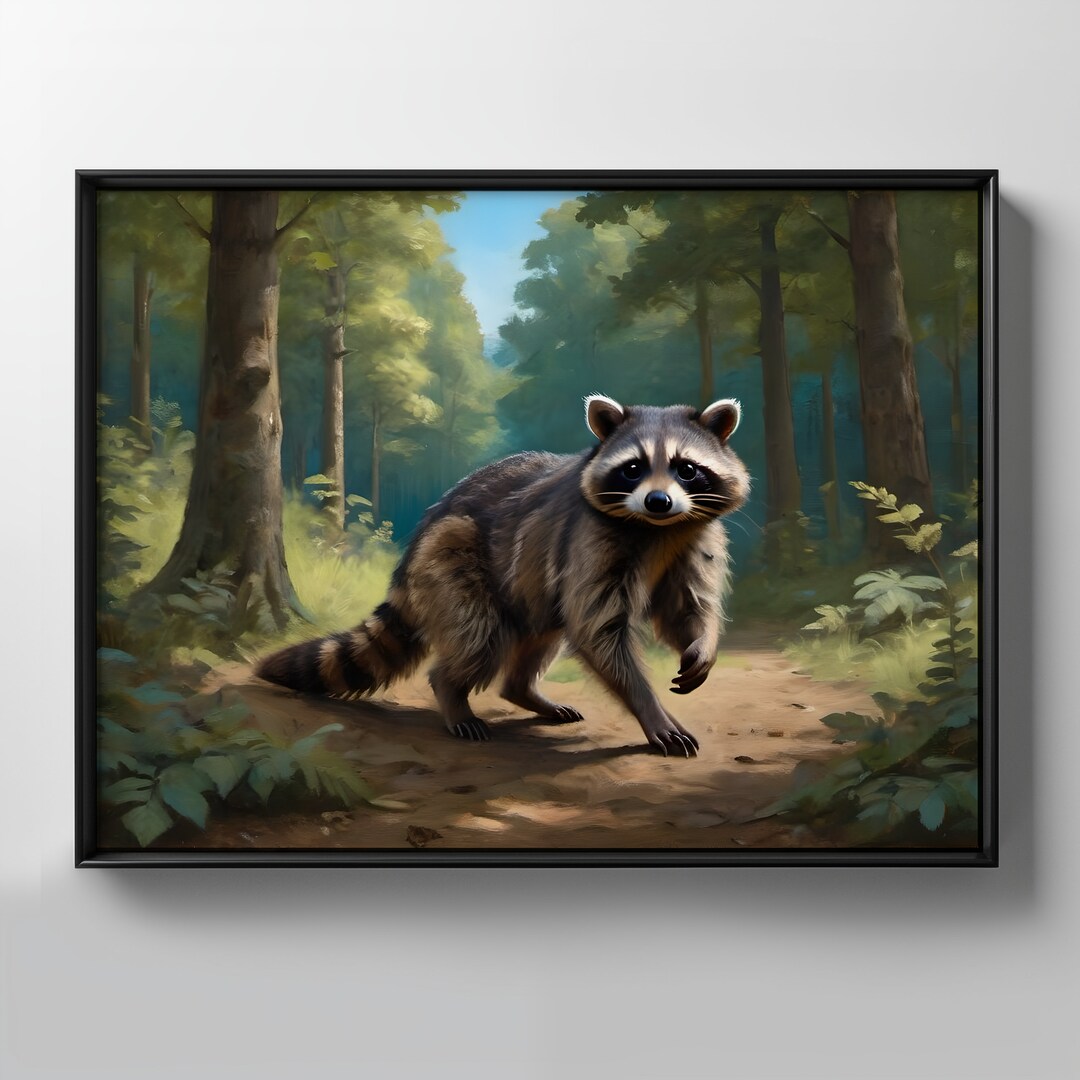 Raccoon in the Woods Printable Landscape, Mysterious Raccoon Digital ...