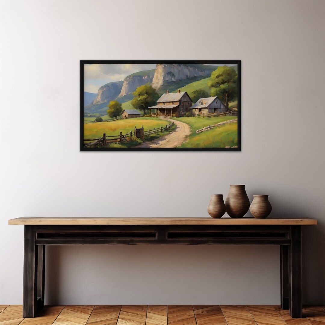 Rustic Farmstead Landscape Printable, Among the Bluffs Oil Painting ...