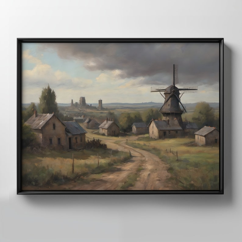 Haunting Windmill TV Frame Landscape, Abandoned Cityscape Digital ...
