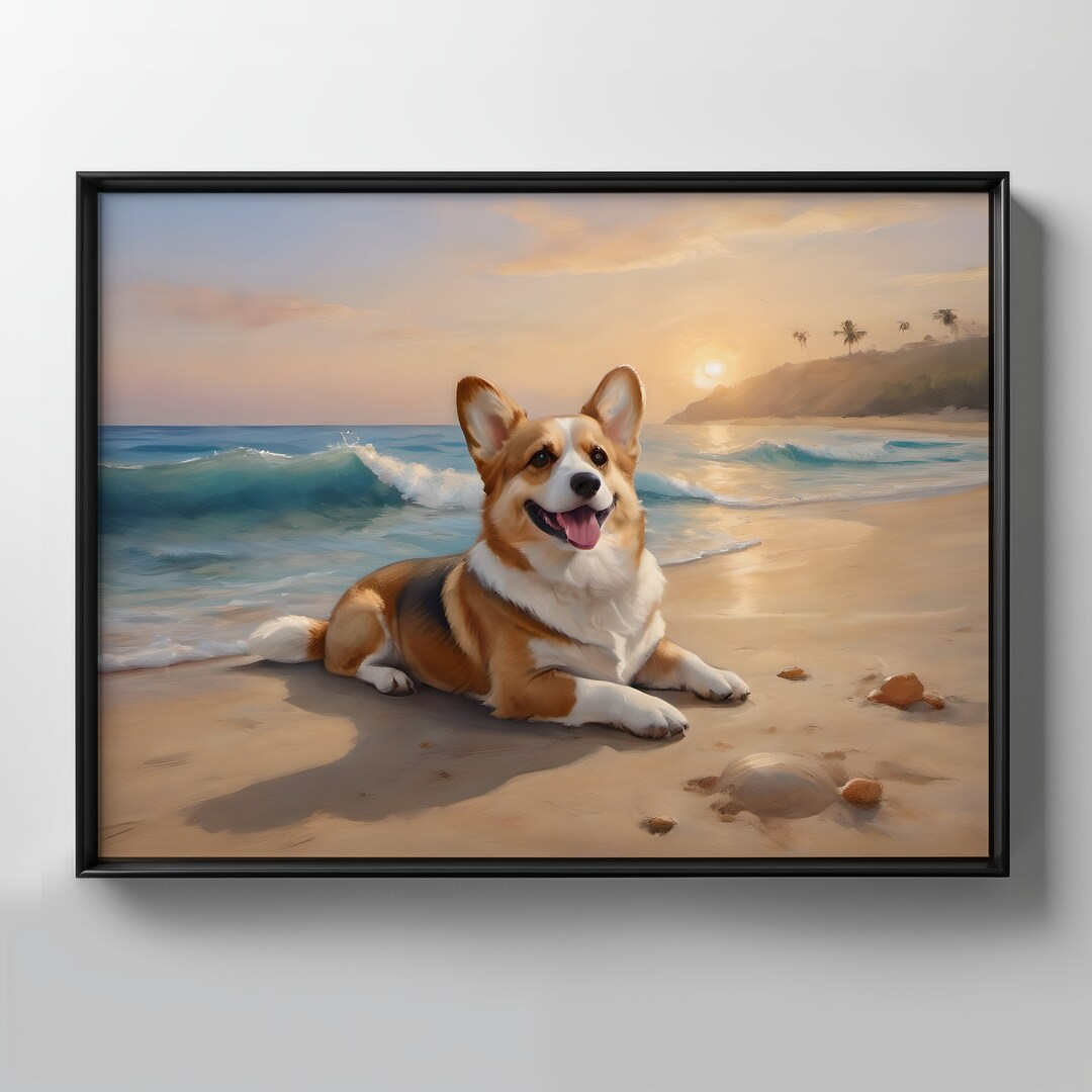 Corgi by the Sea TV Frame Printable, Sunset on the Beach Landscape ...