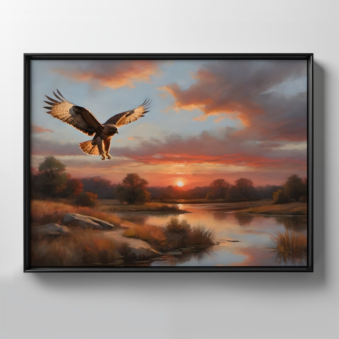 Red-tailed Hawk Sunset Printable Landscape, Rustic Pond Scene Digital ...