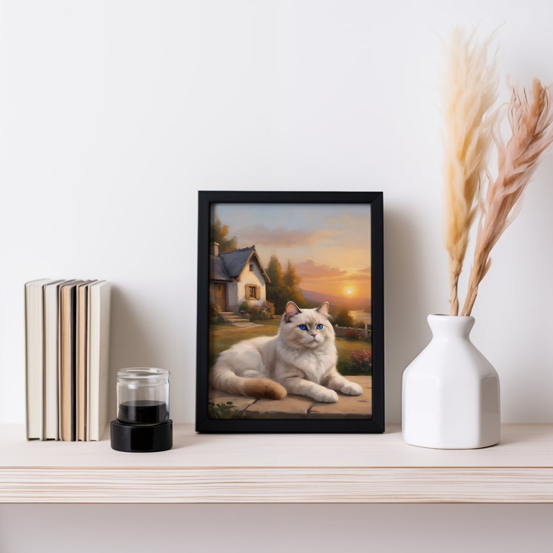 Sunset Cottage Cat Printable Oil Painting, Outdoor Scene Portrait, Cat ...