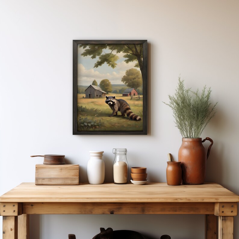 Raccoon in Rural Landscape Printable Digital Download, Sleepy Raccoon ...