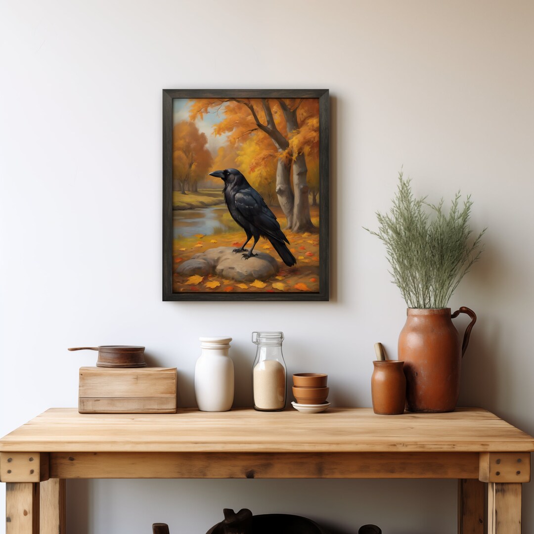 Autumn Crow Oil Painting Digital Download, Fall Bird Scene Portrait ...