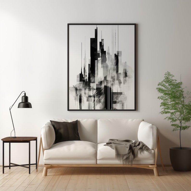 Abstract Monochrome Urban Skyline, Modern Landscape City Artwork, Black ...