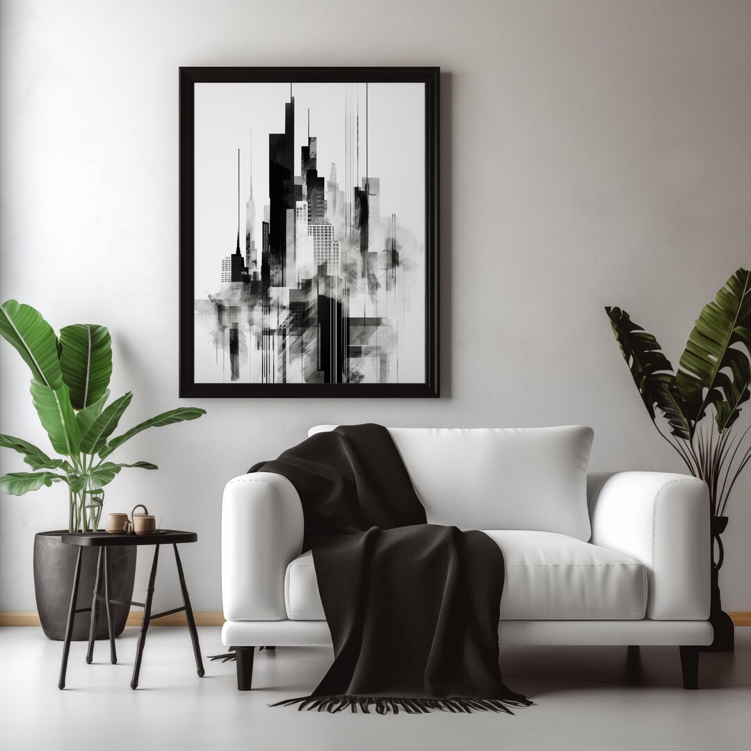 Abstract Monochrome Urban Skyline, Modern Landscape City Artwork, Black ...