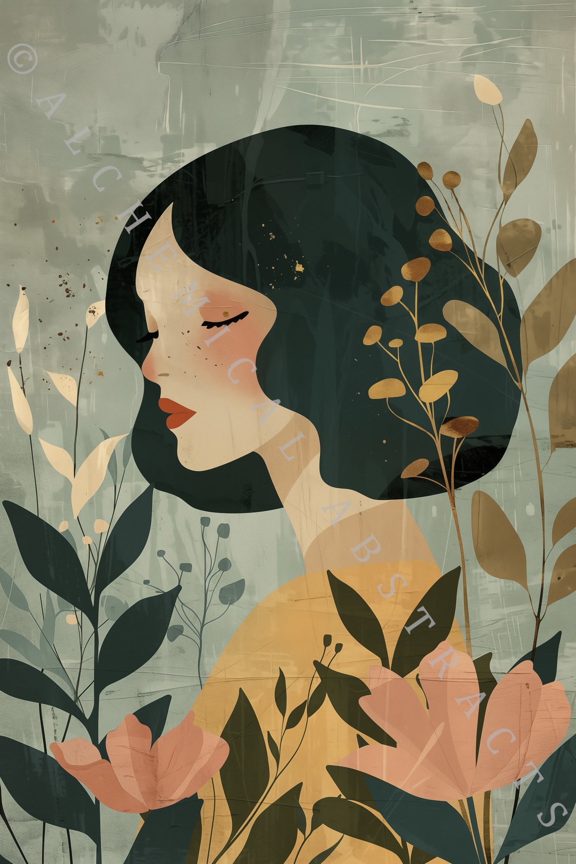 Whimsical Nature Inspired Artwork, Serene Woman With Floral Elements ...