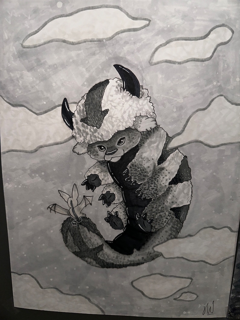 Appa and Momo 9x12 Appa Flying, Momo Flying, Mixed Media Grayscale ...