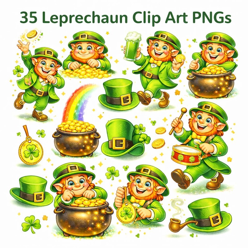 Leprechaun Clipart Bundle | St Patrick’s Day Clip Art | 35 PNG ...