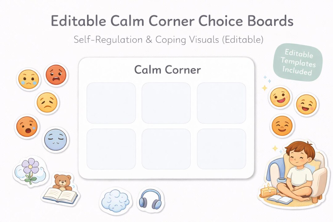 Editable Calm Corner Choice Boards | SEL Self Regulation Visuals ...
