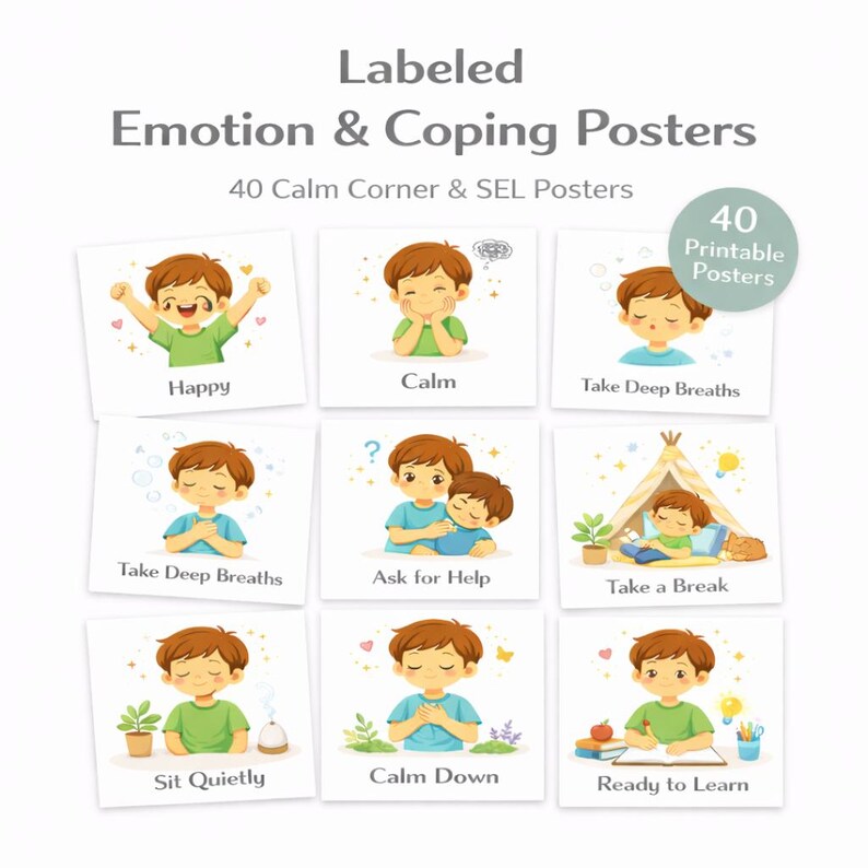 Labeled Emotion and Coping Posters, Calm Corner Printables, SEL ...