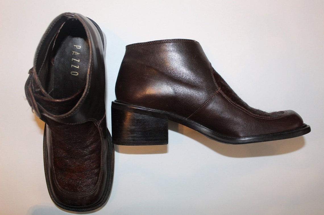 PAZZO Brown Leather & Cowhide Booties, Women’s Leather N Fur Ankle ...