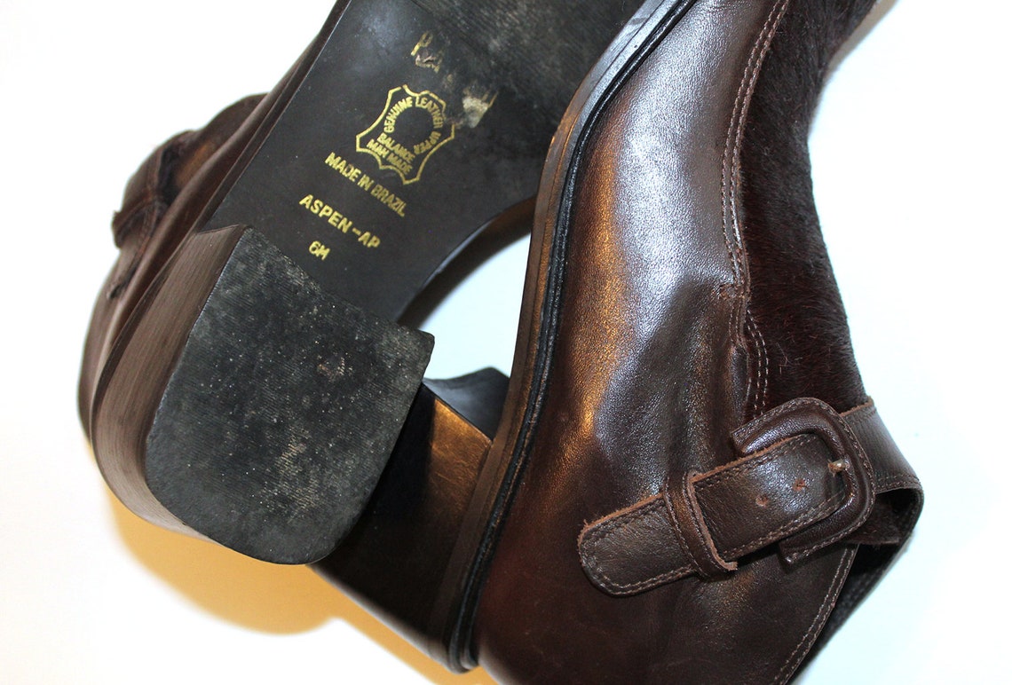 PAZZO Brown Leather & Cowhide Booties, Women’s Leather N Fur Ankle ...