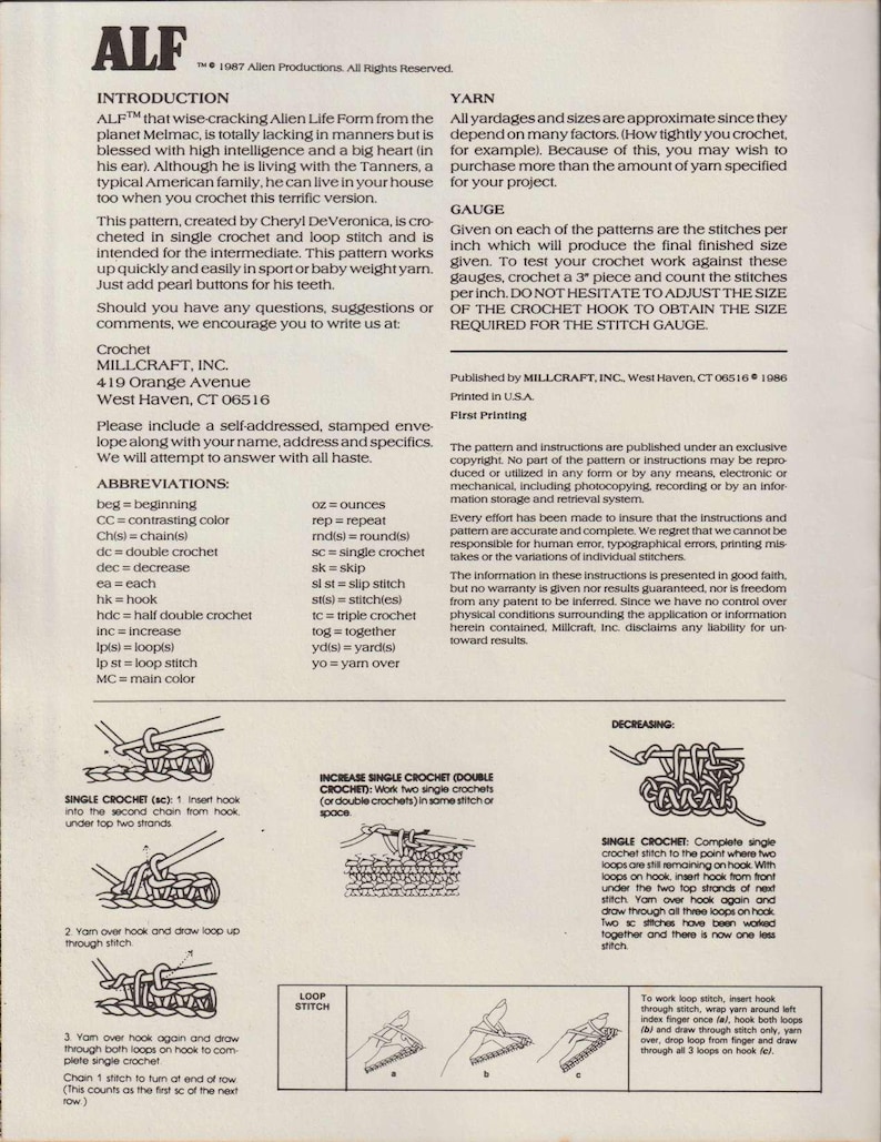 Vintage 1980's - ALF Doll Crochet Pattern - Millcraft Crochet Pattern ...
