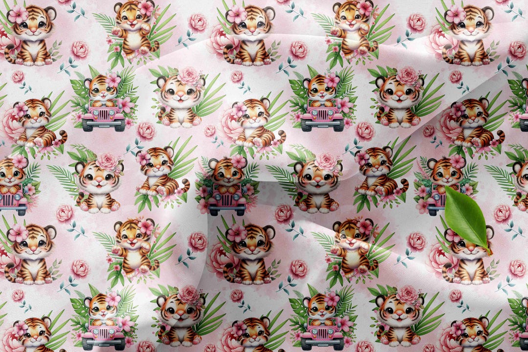 Safari Fabrics Pink Tigress Jeep Flowers Cotton, Jersey, Polyester or ...