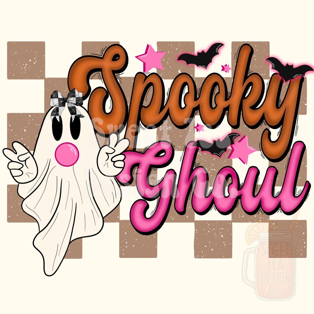 Spooky Ghoul Bubblegum Ghost - PNG- Checkered Retro Halloween Spooky ...