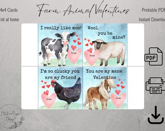 Printable Farm Animal Valentines Day Cards for Kids, Farm Classroom ...