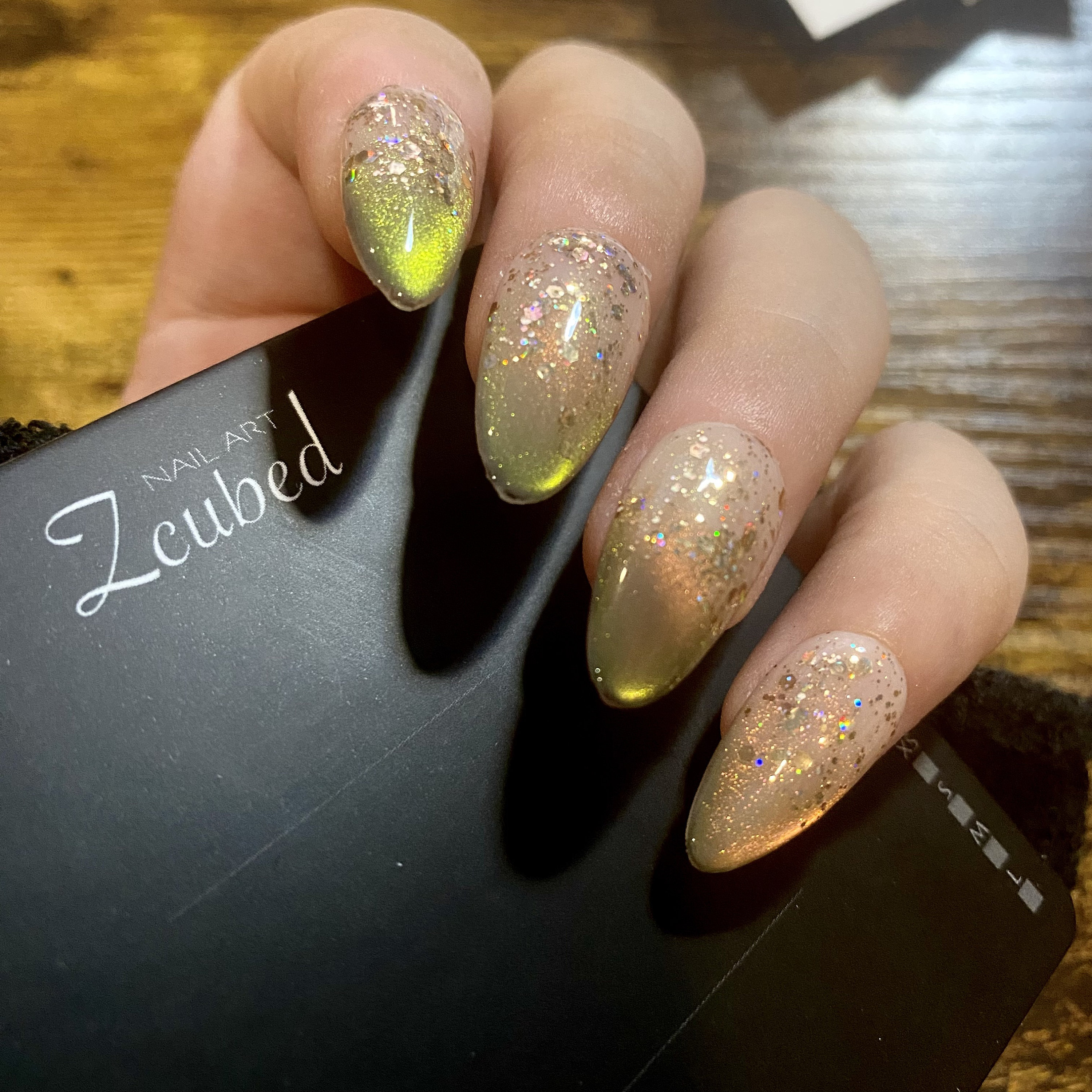 Key Lime Gradient Chasing Light Cat Eye/gold Sequins Presson Nail ...