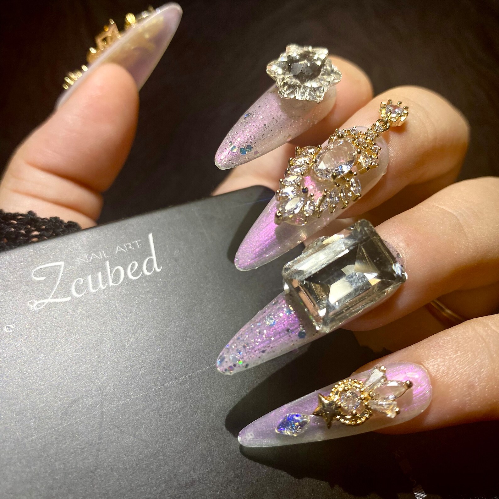 Princess Pink Glitter Radiant Rhinestone Gold Ornate Presson Nail ...
