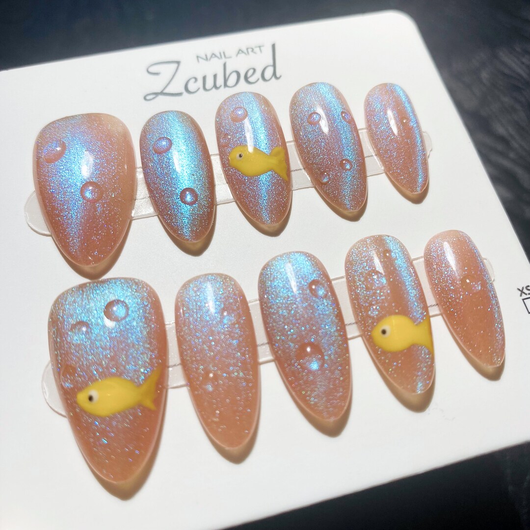 Underwater 3D Acrylic Bubble/yellow Fish-ocean Blue Glossy Presson Nail ...