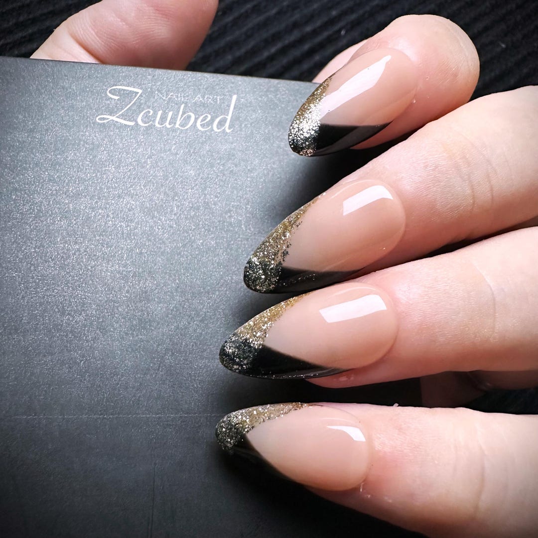 Obsidian Mirage/gold Glitter-black French-tip Presson|handmade Nail Art ...
