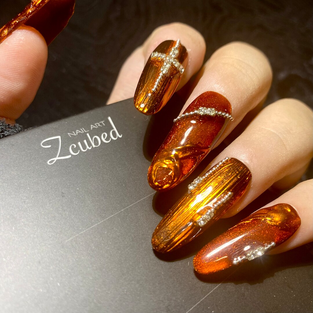 Rust-scarlet 3D Acrylic Metallic Cat Eye/gold Cross Ornate/rhinestone ...