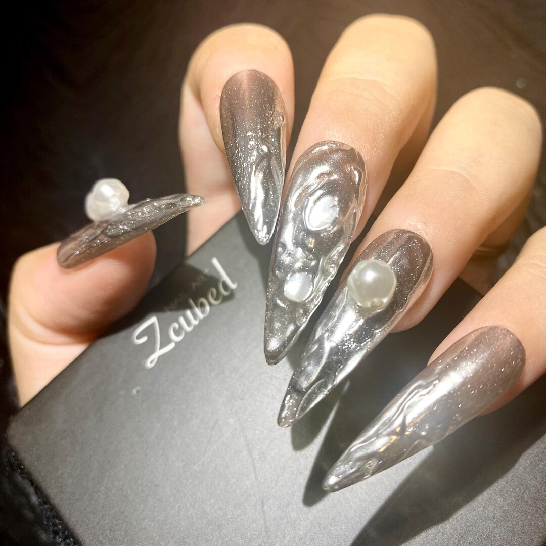 3D Acrylic Silver Metallic Mirror/pearl Glitter Gothic Presson Nail ...