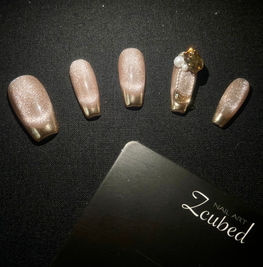 20-27mm T-shaped Rosegold Dream Cat Eye Press-on Nail 100% Handmade ...