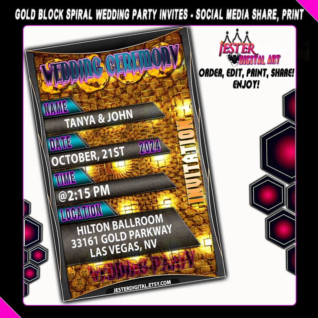 Gold Block Wedding Ceremony Invitation Editable Vertical Share & Print ...