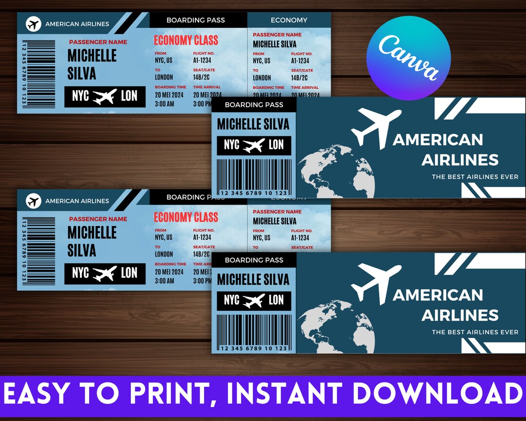 Customizable Airline Ticket Gift Card: Printable Plane Ticket (instant ...