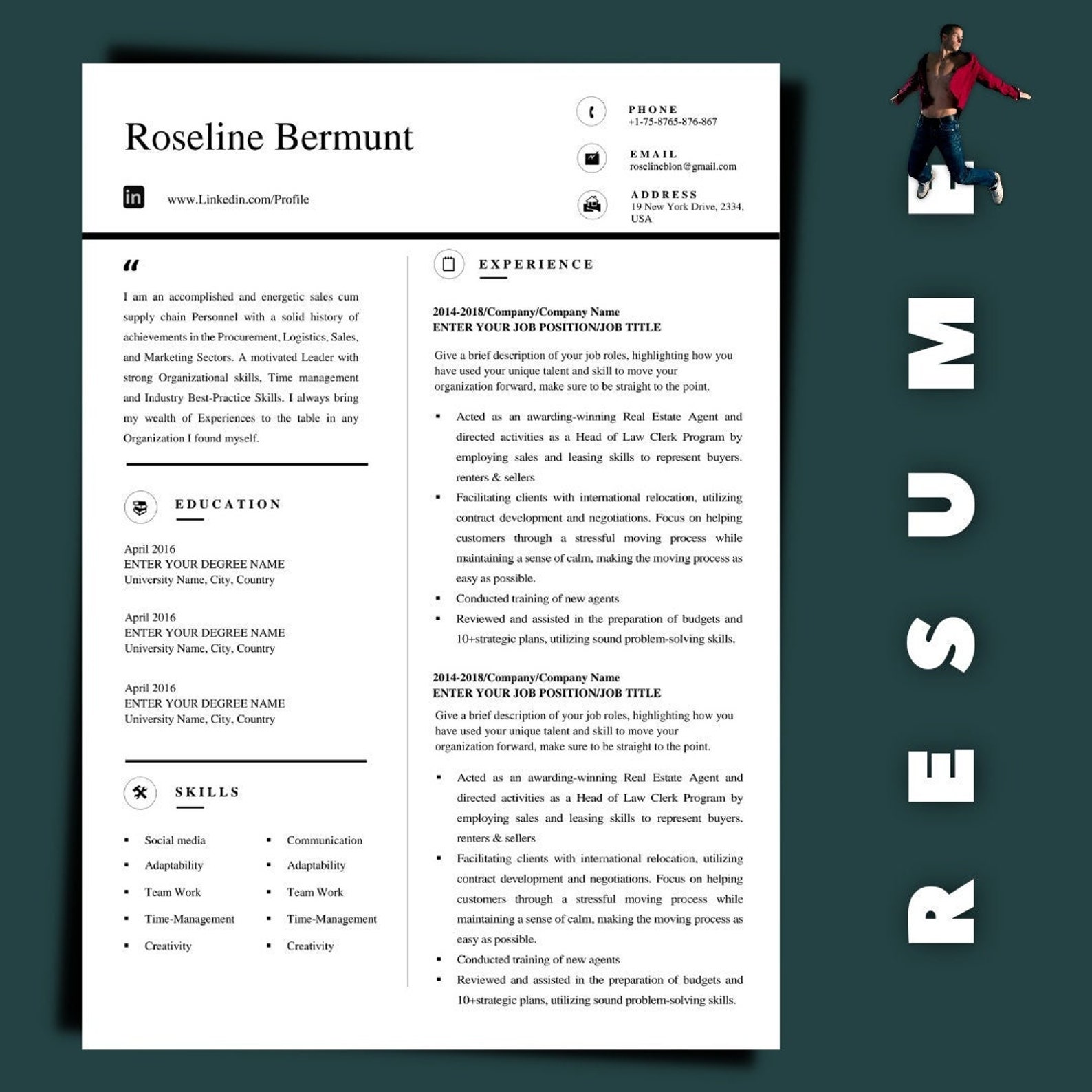 Creative Minimalist Resume Template for Any Job Description, High ...