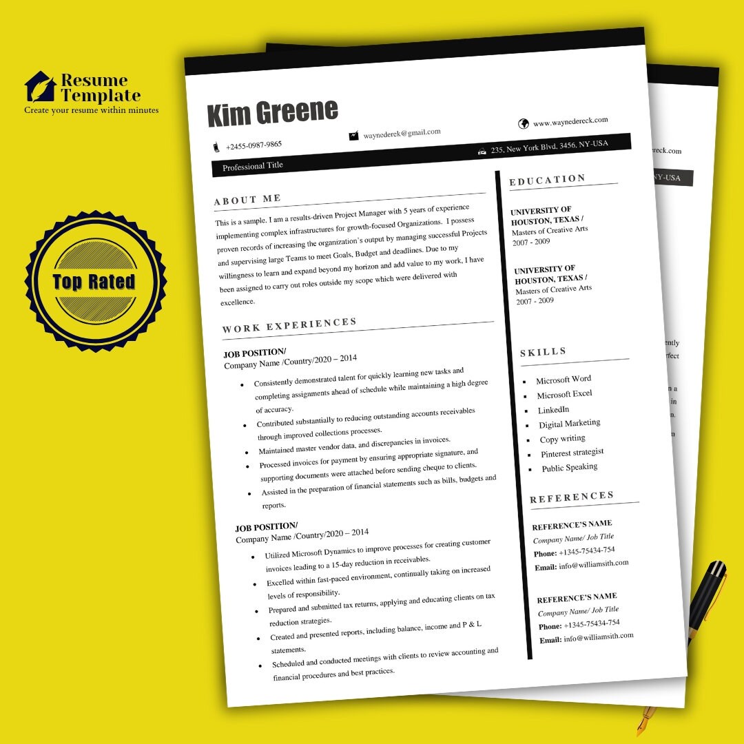 Pro Smart Single Page Resume Template for Any Job Description, Editable ...